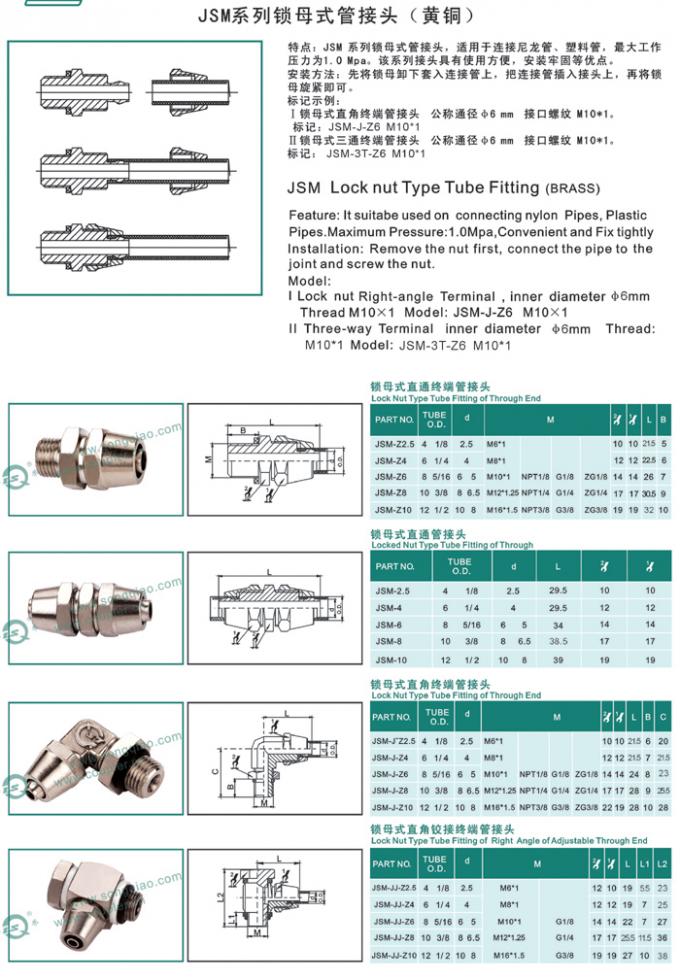 Lock Nut Type Pneumatic Fittings , JSM Pneumatic Connectors Push To Connect